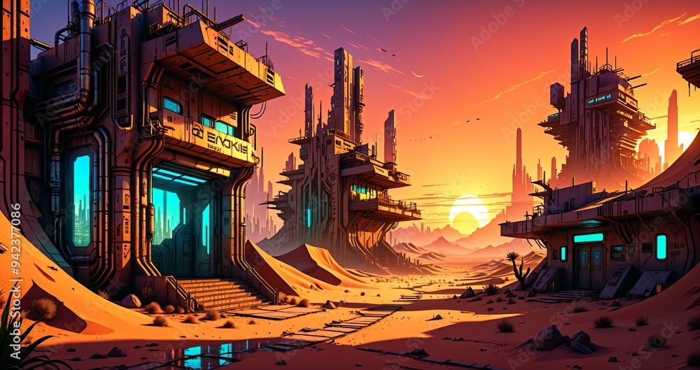 cyberpunk town city wasteland in the desert at sunset. futuristic ...