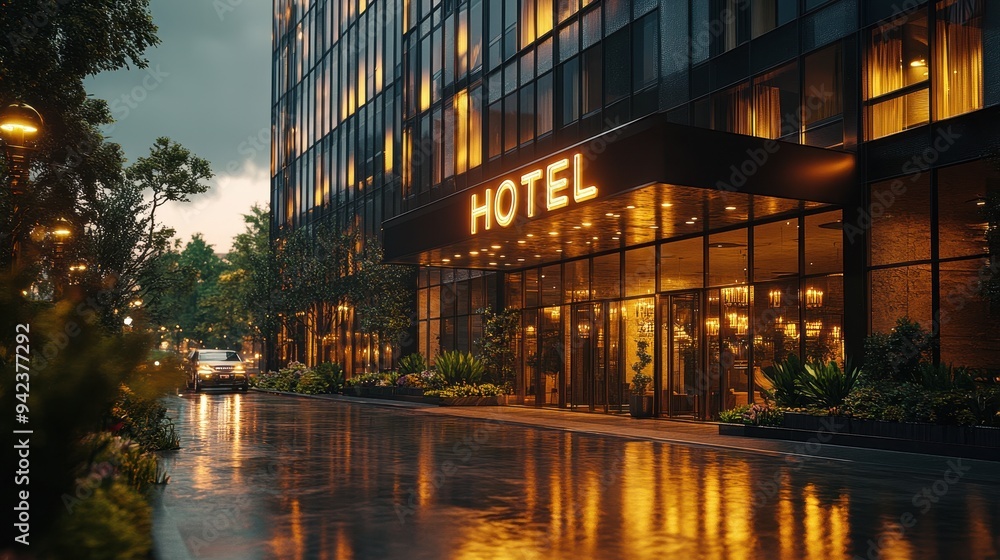 3D Rendering of Modern Hotel Building Facade with Illuminated "HOTEL ...