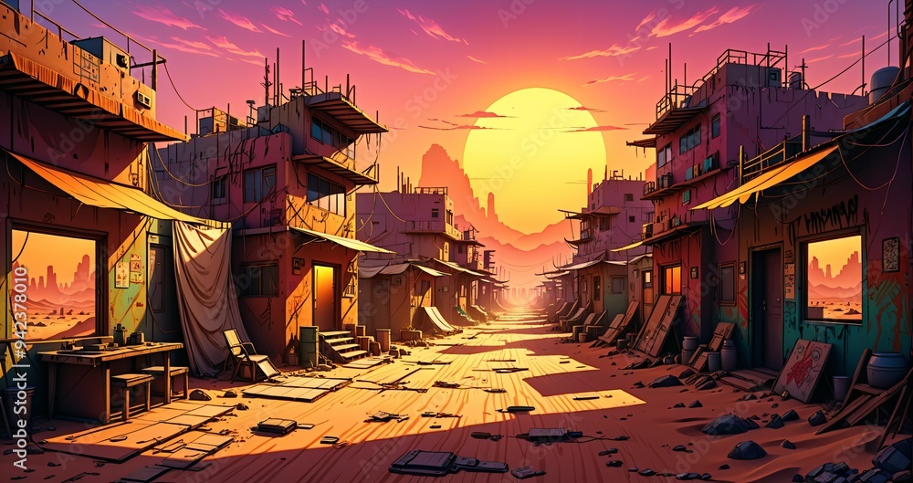 cyberpunk town city wasteland in the desert at sunset. futuristic ...