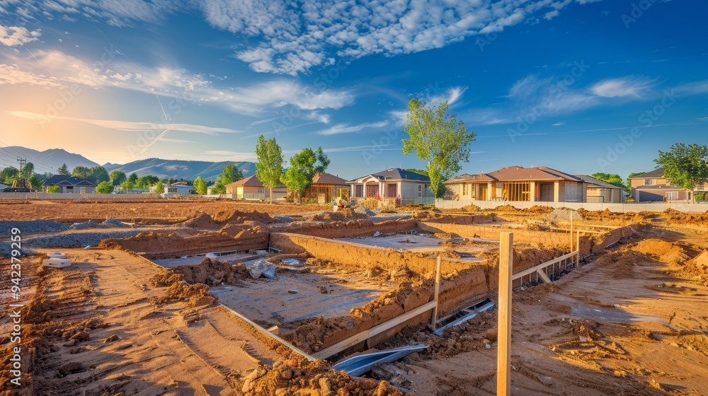 The early stages of a residential housing project, with foundations ...