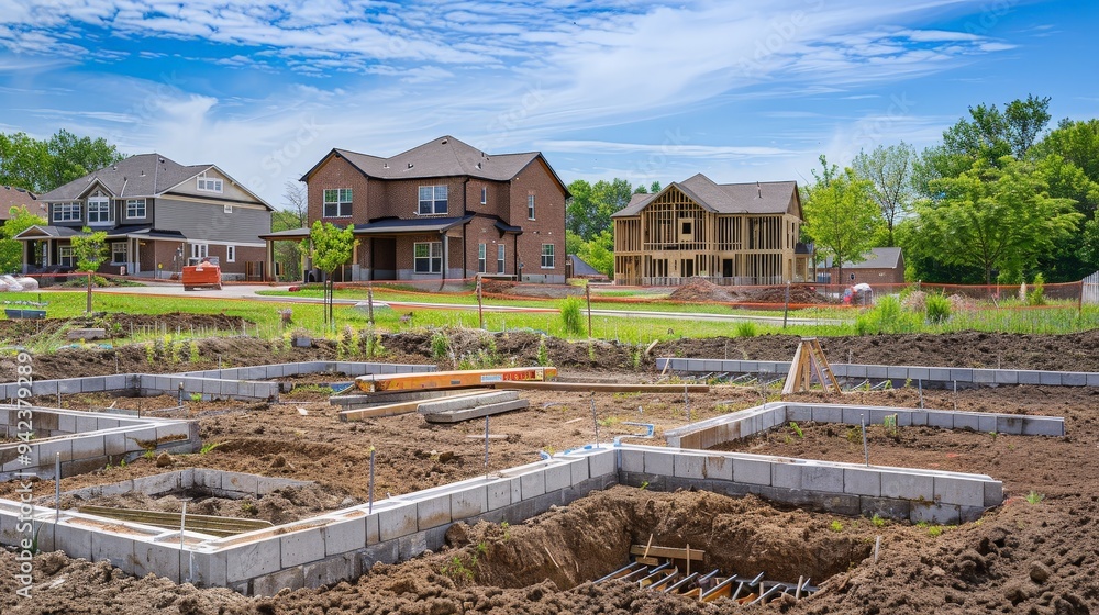 The early stages of a residential housing project, with foundations ...
