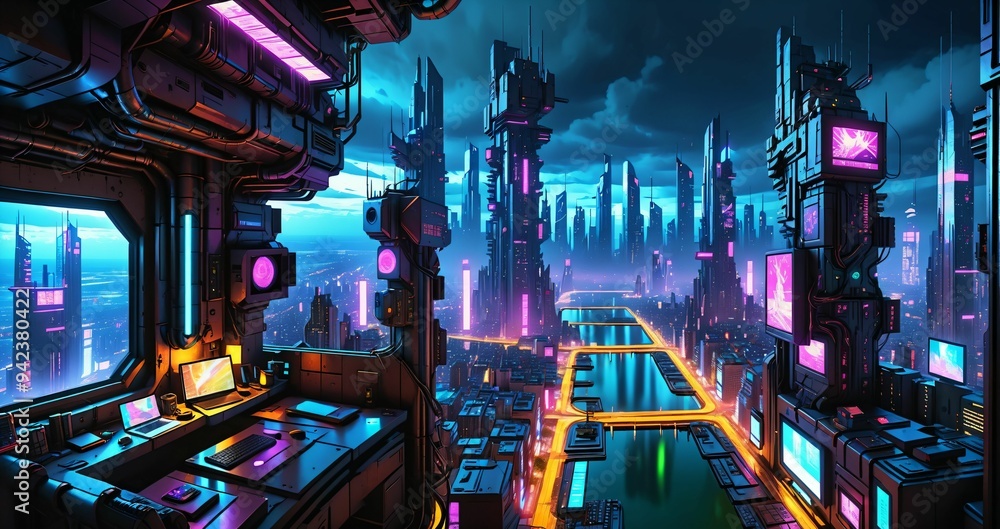 cyberpunk sci fi high rise skyscraper tower building terrace patio ...