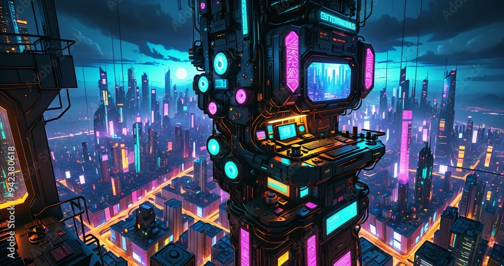 cyberpunk sci fi high rise skyscraper tower building terrace patio ...