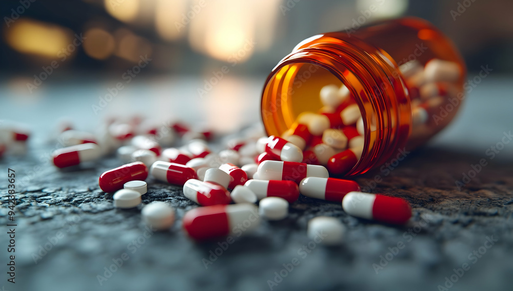 An overturned bottle of red and white capsules spills onto a textured ...