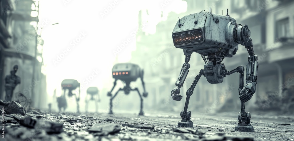 Massive quadrupedal robots with illuminated faces patrol desolate, fog ...