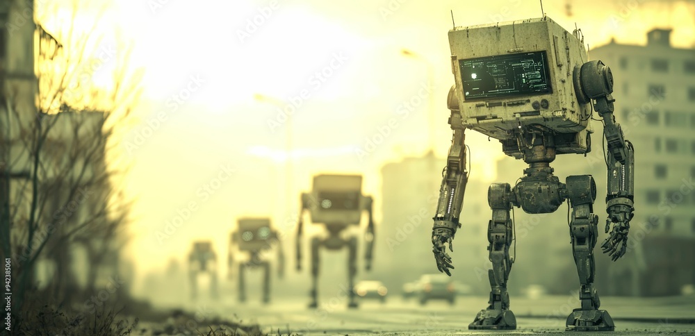 Rusty, humanoid robots with monitor heads displaying data screens walk ...