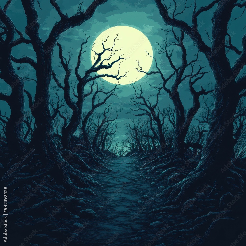 In the depths of an eerie forest, shadows dance under a luminous full ...