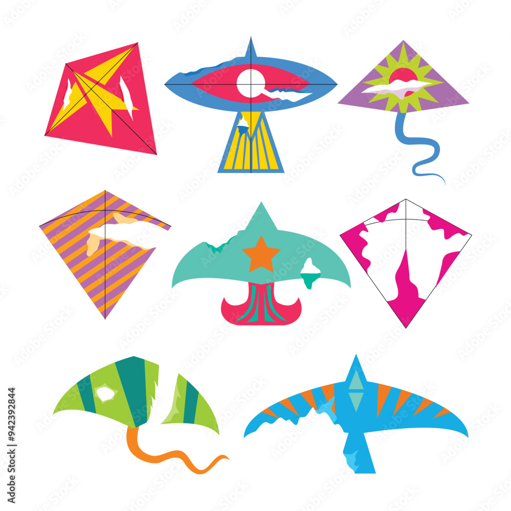 Set of broken kites torn set collection with string cut while flying ...