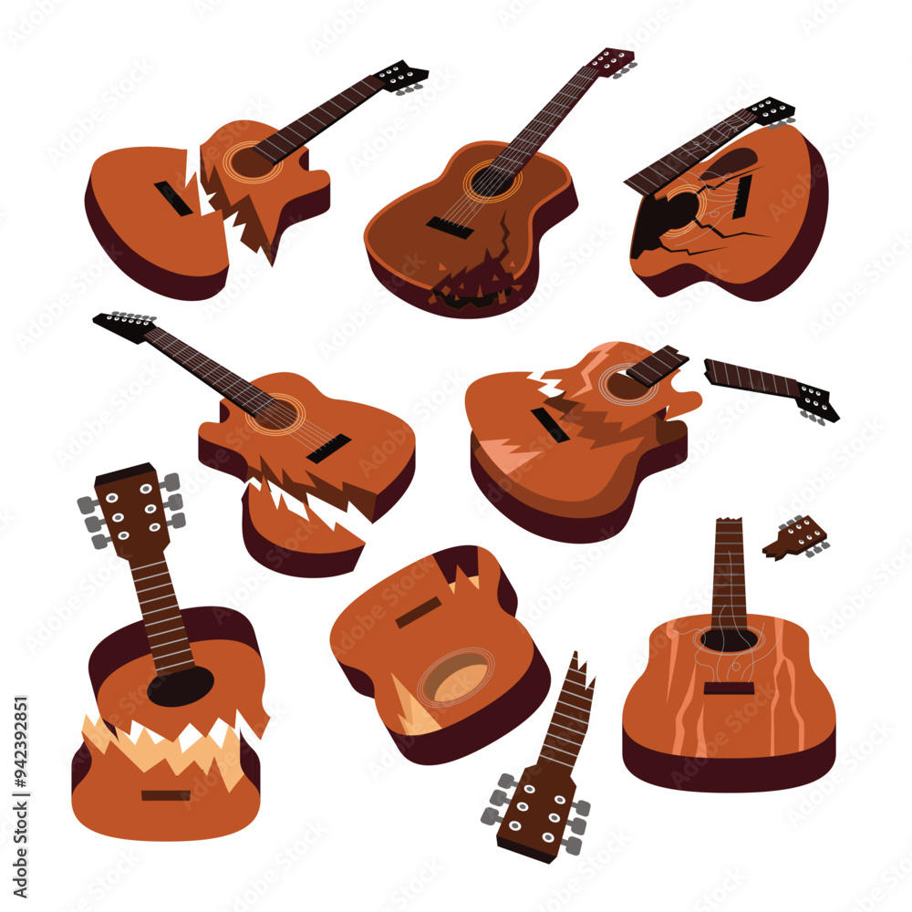 Set of old broken guitar set collection with smashed guitar broken neck ...