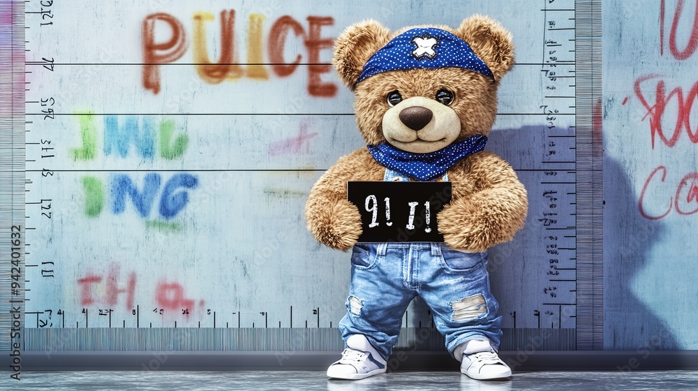 Stylized Cartoonish Teddy Bear in Front of Mugshot Backdrop: Soft Plush ...