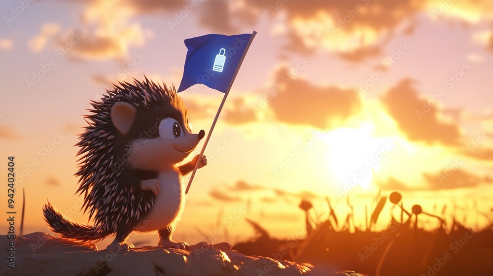 Cute Yet Heroic Hedgehog Standing Victorious with a Flag Featuring a ...