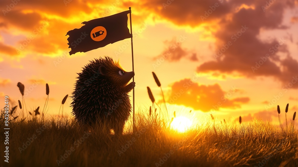 Cute Yet Heroic Hedgehog Standing Victorious with a Flag Featuring a ...
