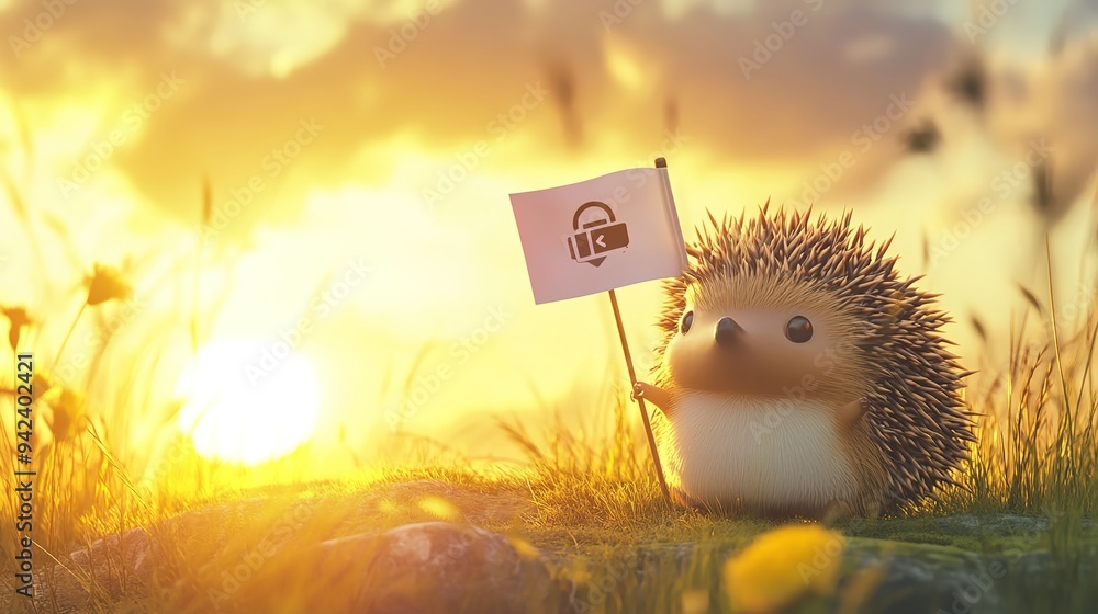 Cute Yet Heroic Hedgehog Standing Victorious with a Flag Featuring a ...