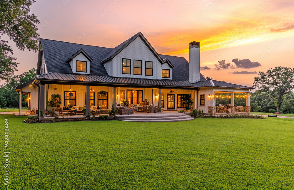 A large, modern farmhouse with an open-concept interior and lots of ...