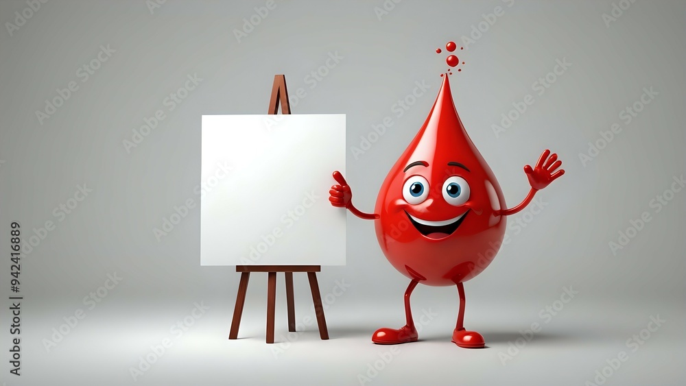 Happy red blood drop cartoon character standing next to blank easel ...