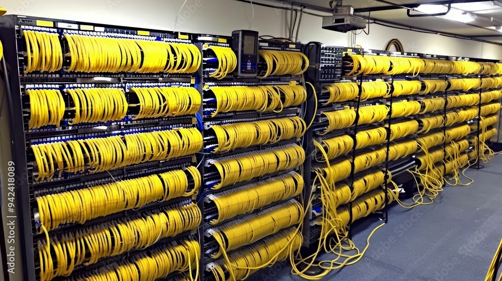 Yellow Cables Connected to a Server Rack in a Data Center Stock Photo ...