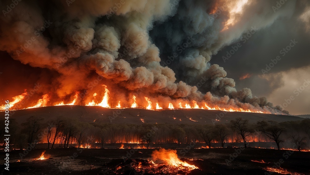 Firestorm. Wildfire with flames raging intensely, thick smoke rising ...