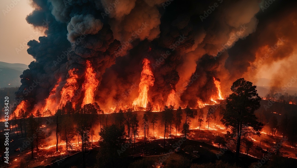 Devastating blaze. Wildfire flames raging uncontrollably, thick smoke ...