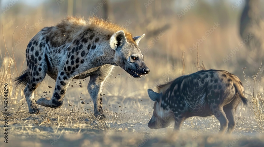 Spotted Hyena Chasing a Piglet Through Dry Grass Stock Illustration ...
