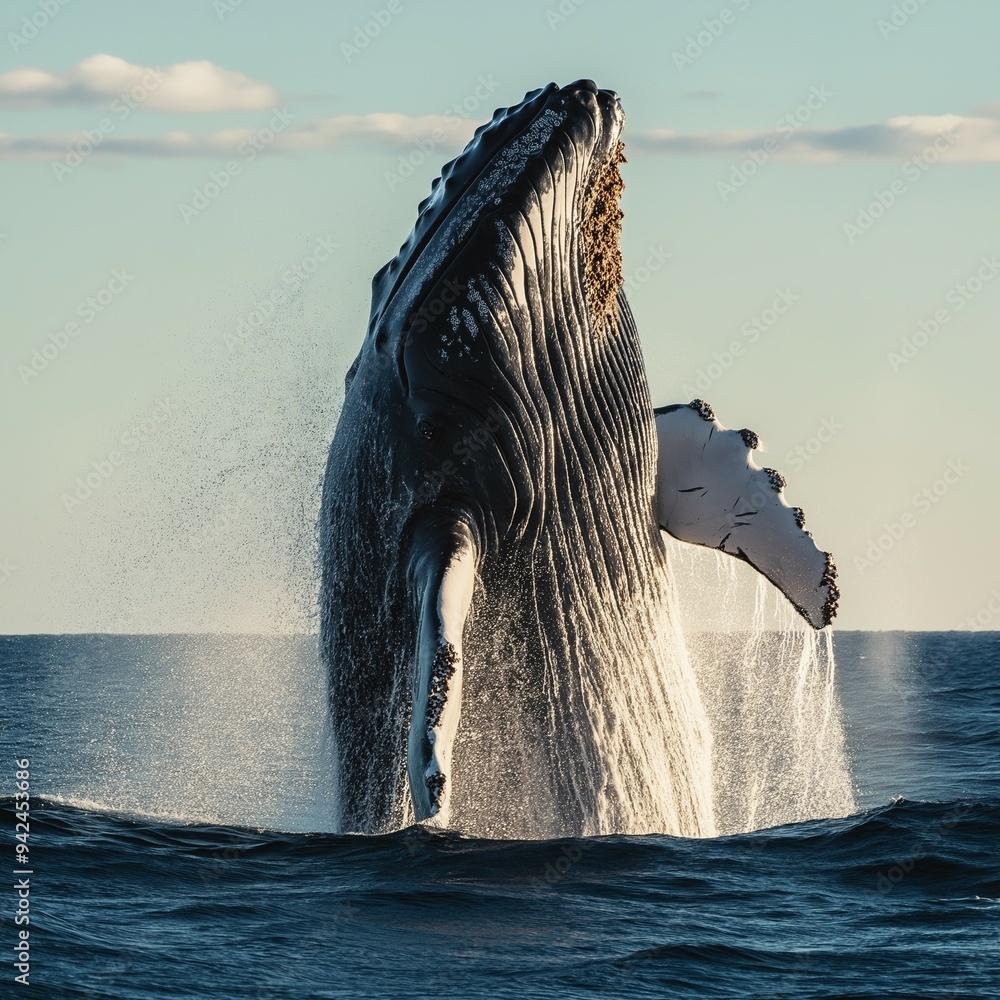 This image captures a dramatic moment of a whale breaching the ocean's ...