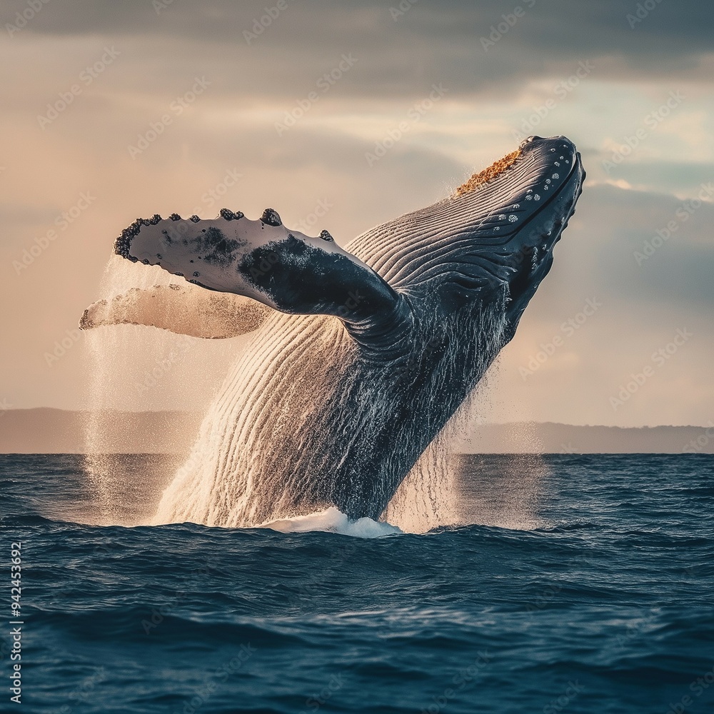 This image captures a dramatic moment of a whale breaching the ocean's ...