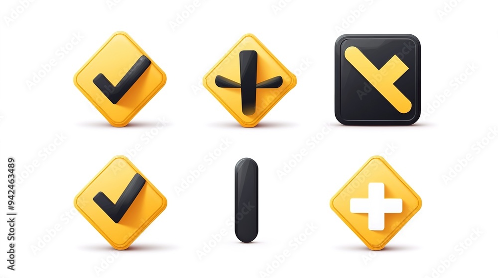 3D Set of Check Mark, Question Mark, Caution, and Cross Signs with ...