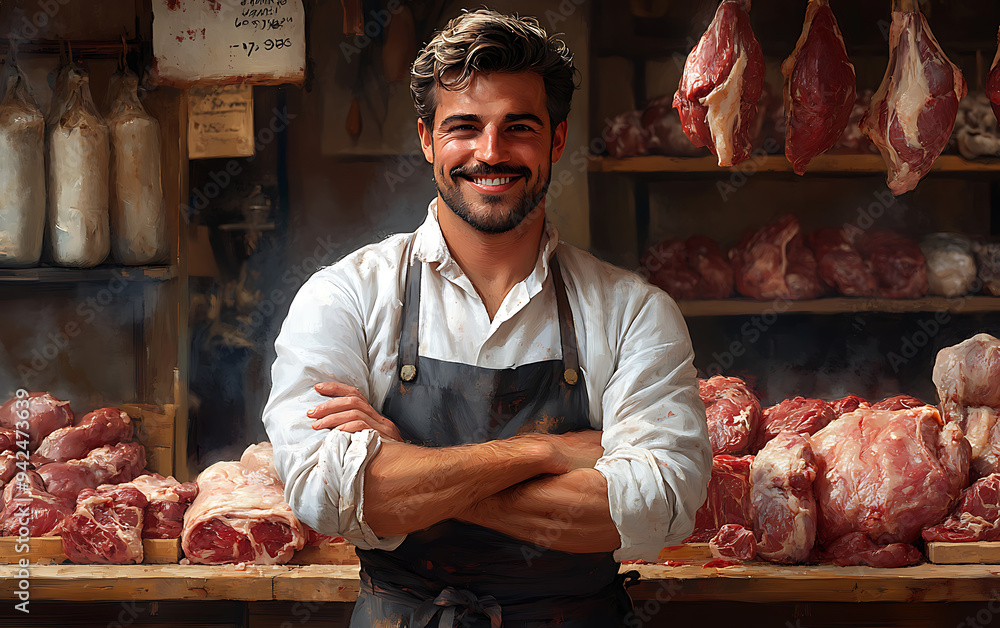 Smiling Butcher in Front of Meat Counter at Butcher Shop Stock ...