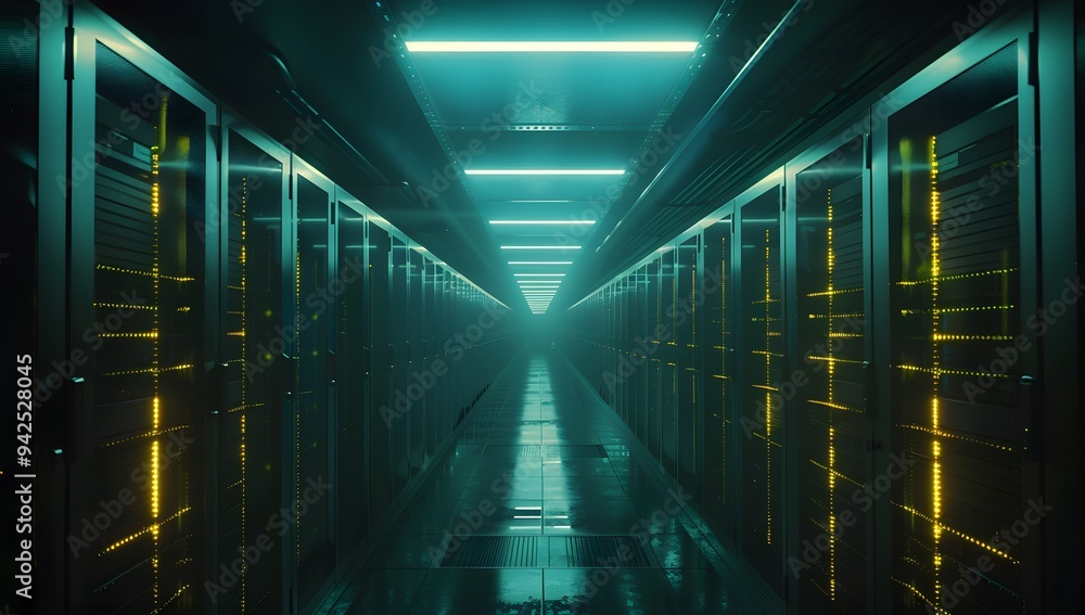 Server room. Modern dark data center with rows of server cabinets ...