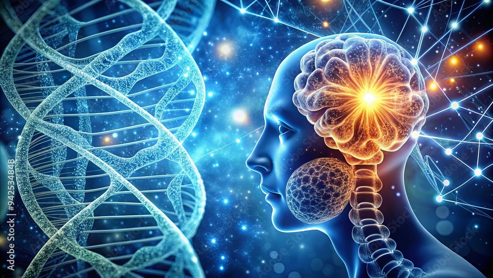 DNA strands intertwined with human brain, representing the genetic code ...