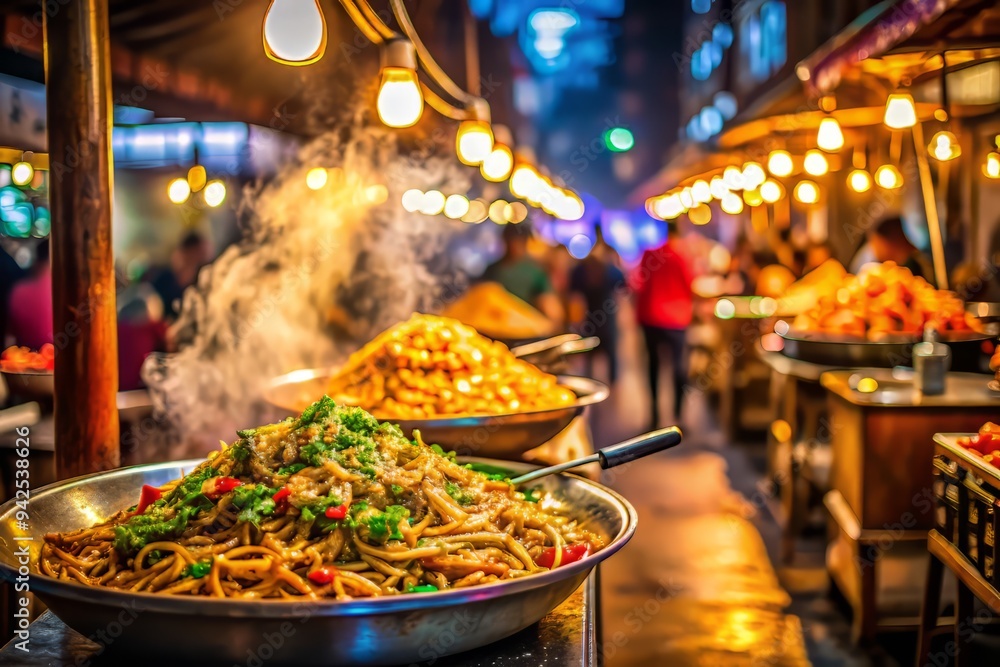 Vibrant nighttime street food stall scene with sizzling Kee Mao noodles ...