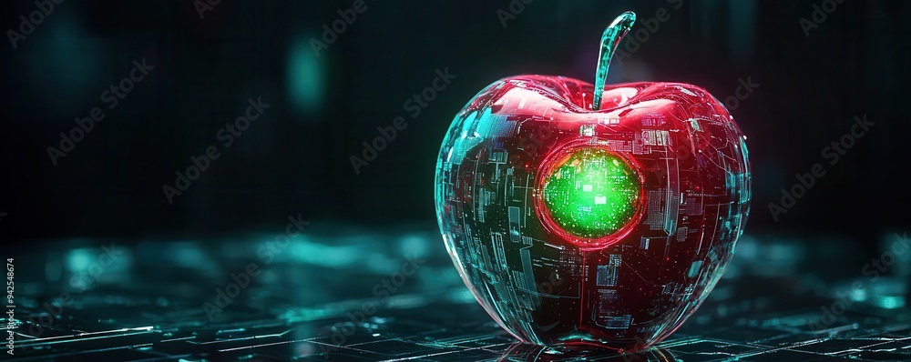 Poisoned apple with a digital core, glowing green and red, Surreal ...