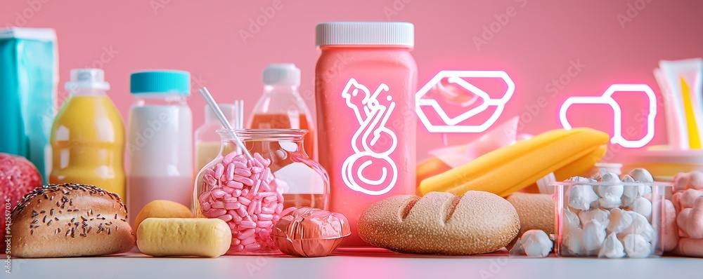 Chemical Additives in Packaged Food - Overhead View of Neon Symbols on ...