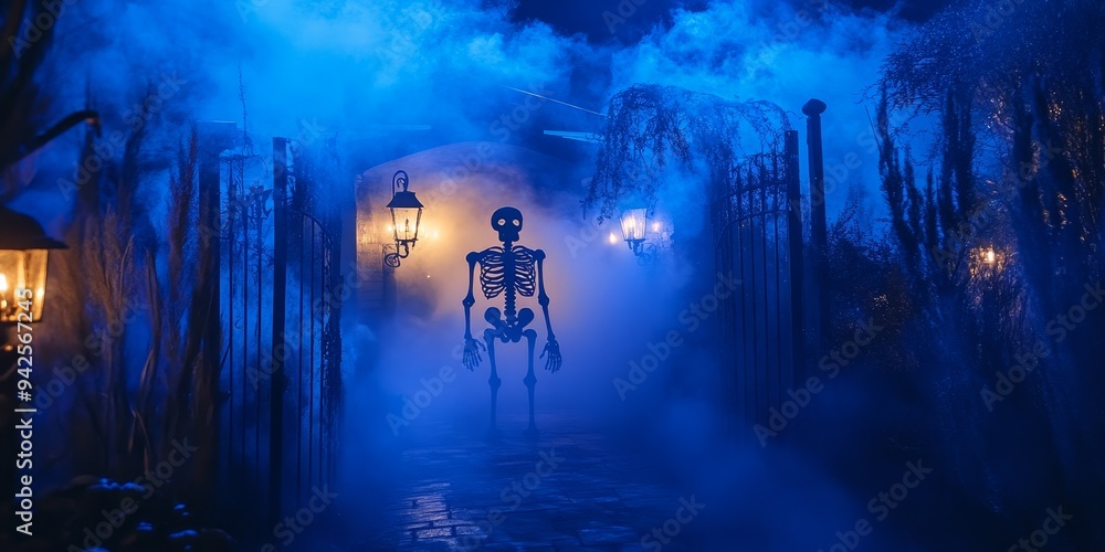 Spooky haunted maze entrance with eerie fog, flickering lanterns, and a ...