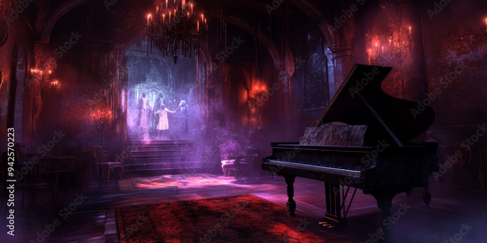 Spooky haunted music hall with a grand piano, flickering lights, and ...
