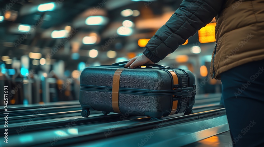 A traveler retrieves a sleek suitcase from a moving luggage carousel in ...