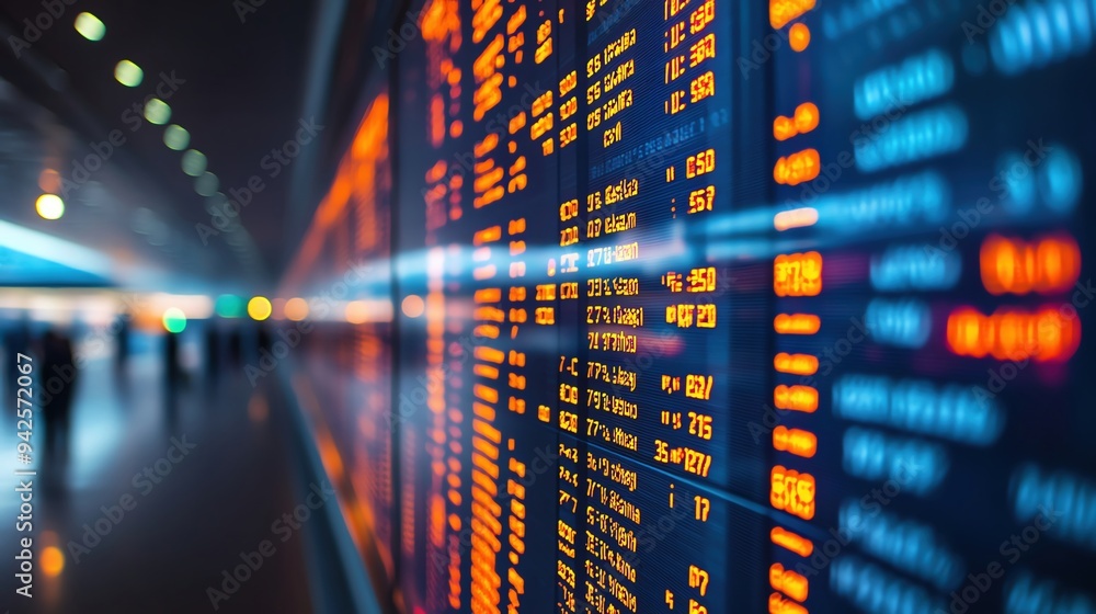 Dynamic flight information display at an airport showing arrivals and ...