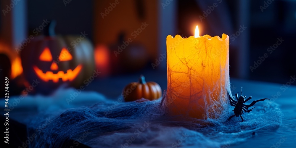 a spooky LED candle with flickering flame effects, placed on a dark ...