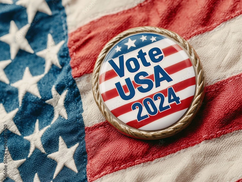 Patriotic 3D 'Vote USA 2024' Badge on American Flag - High-Quality ...