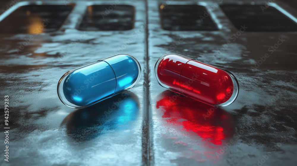 Red pill vs blue pill, the ultimate choice, Pair of hands holding out a ...
