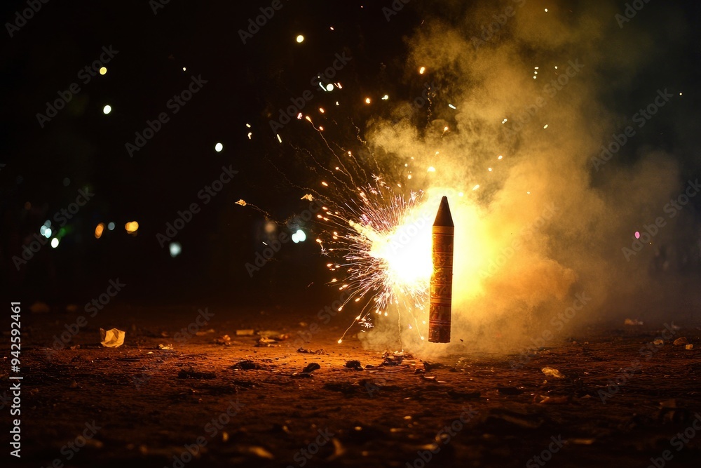 beautiful night photograph diwali rocket launching hot fire work flames ...