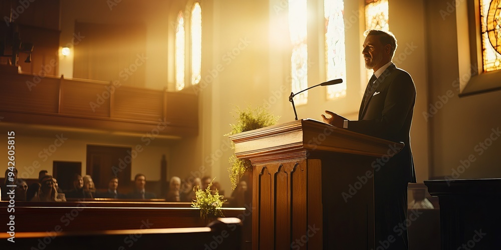 Church Interior with Passionate Preacher Delivering Sermon from Pulpit ...