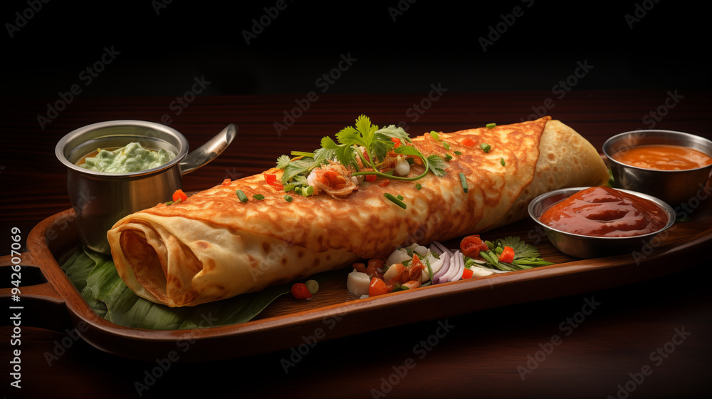 Masala dosa with chutney and sambar and potato sabzi. Cone, triangle or ...