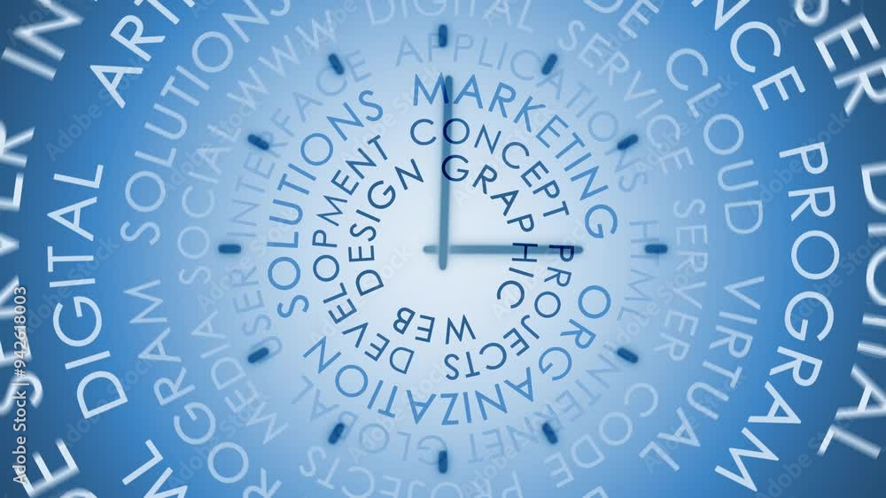 Loop modern digital tech circle word cloud with time clock animation ...