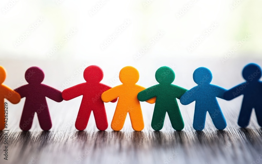Colorful paper figures holding hands symbolize unity, diversity, and teamwork in a vibrant, warm ...