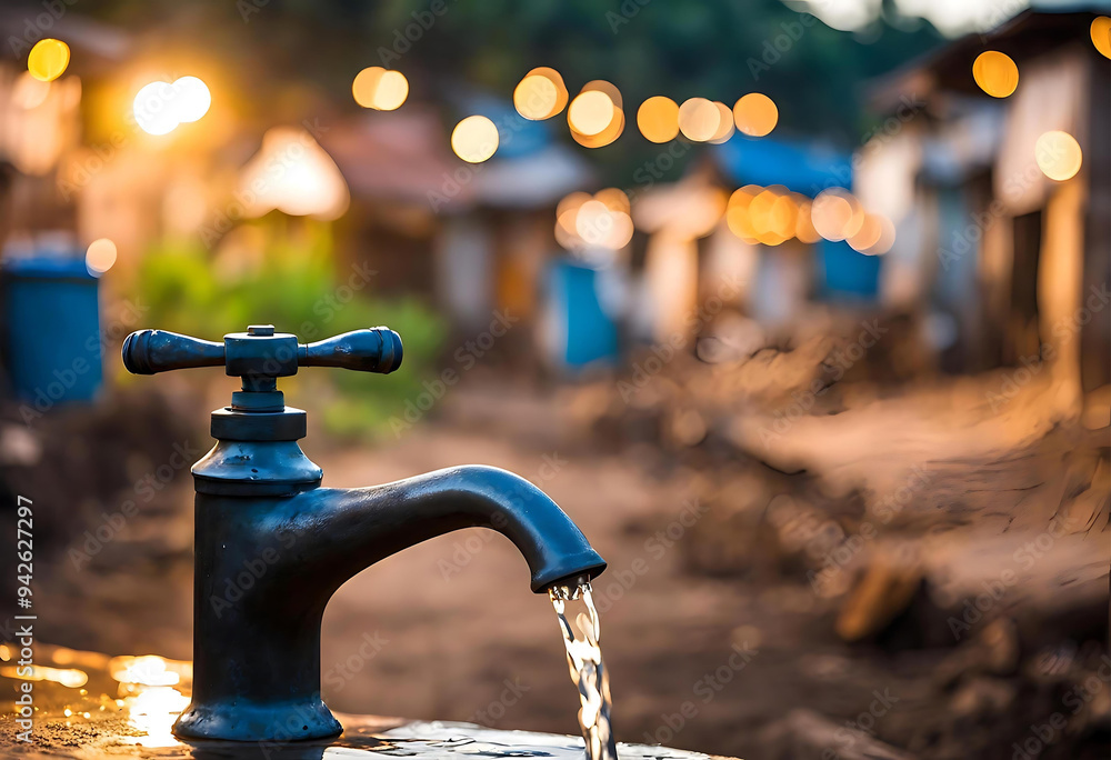 water is pouring from the tap in the countryside during a water ...