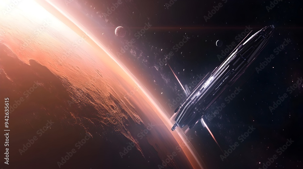 Futuristic space station orbiting a distant alien planet with vast ...