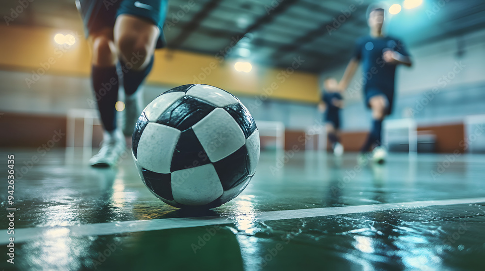 Football futsal player, ball, futsal floor. Sports background. Indoor ...