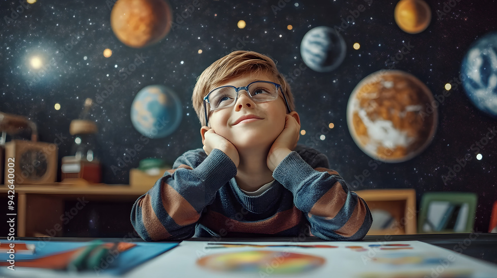 Cheerful schoolboy dreaming at astronomy lesson about space travel ...