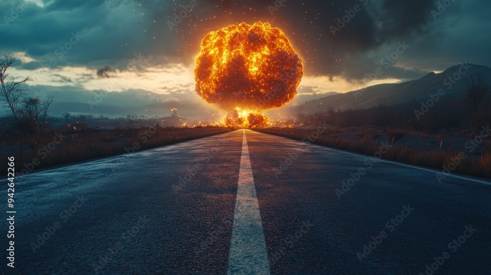 Asphalt road goes to a nuclear explosion. Terrible atomic explosion of ...
