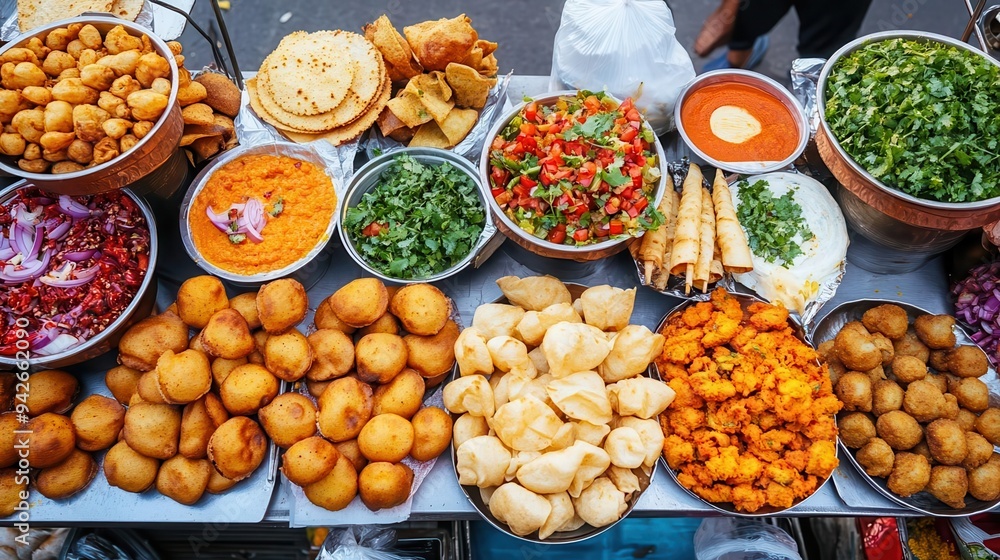 A bustling Indian street food market with stalls offering chaat, dosas ...